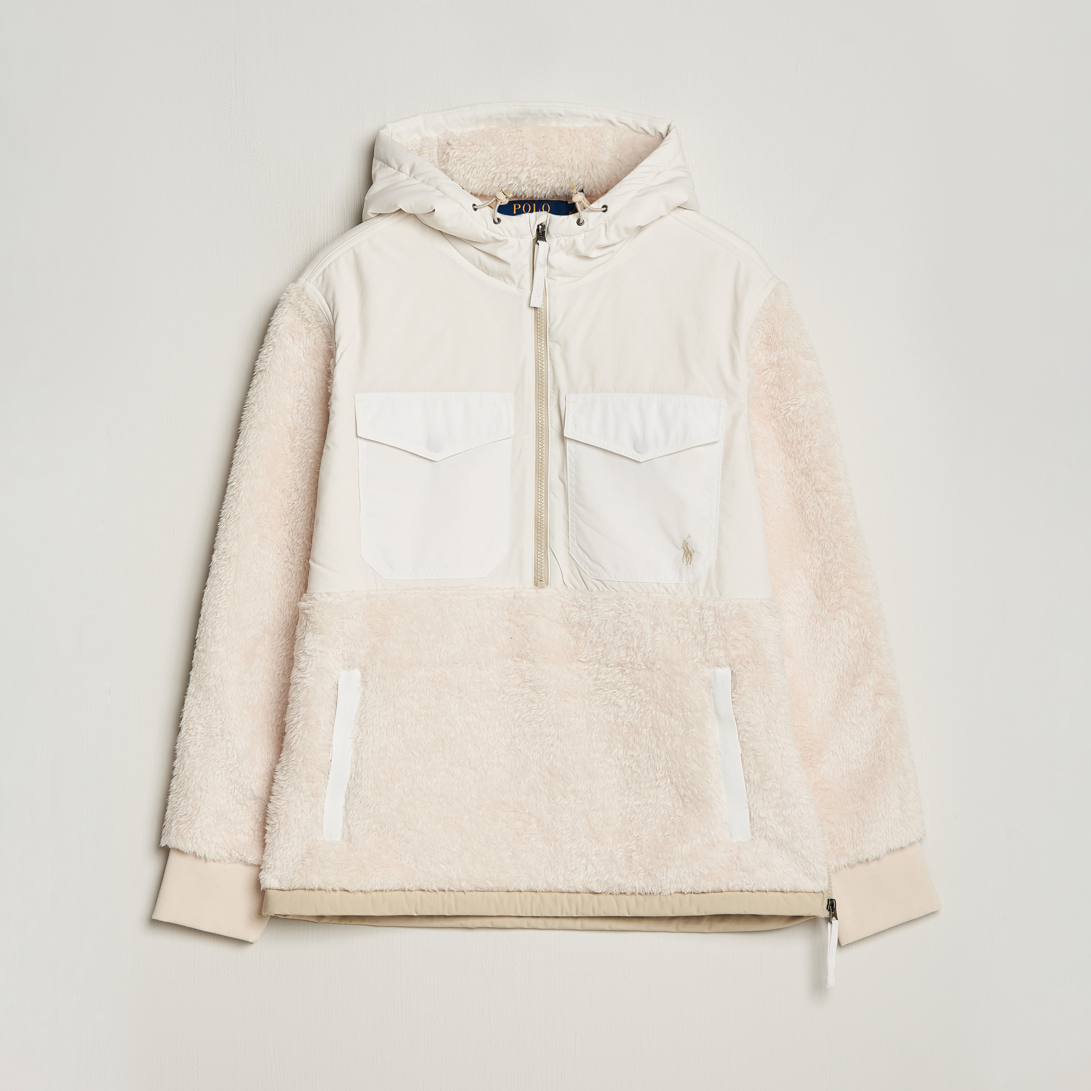 Polo Ralph Lauren Curly Sherpa/Nylon Half Zip Hoodie Cream Multi en CareOfC
